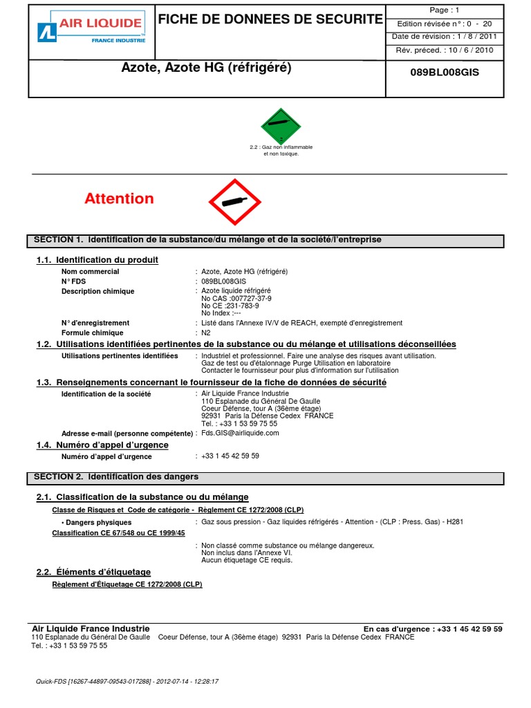 FDS - Azote Réfrigéré | PDF