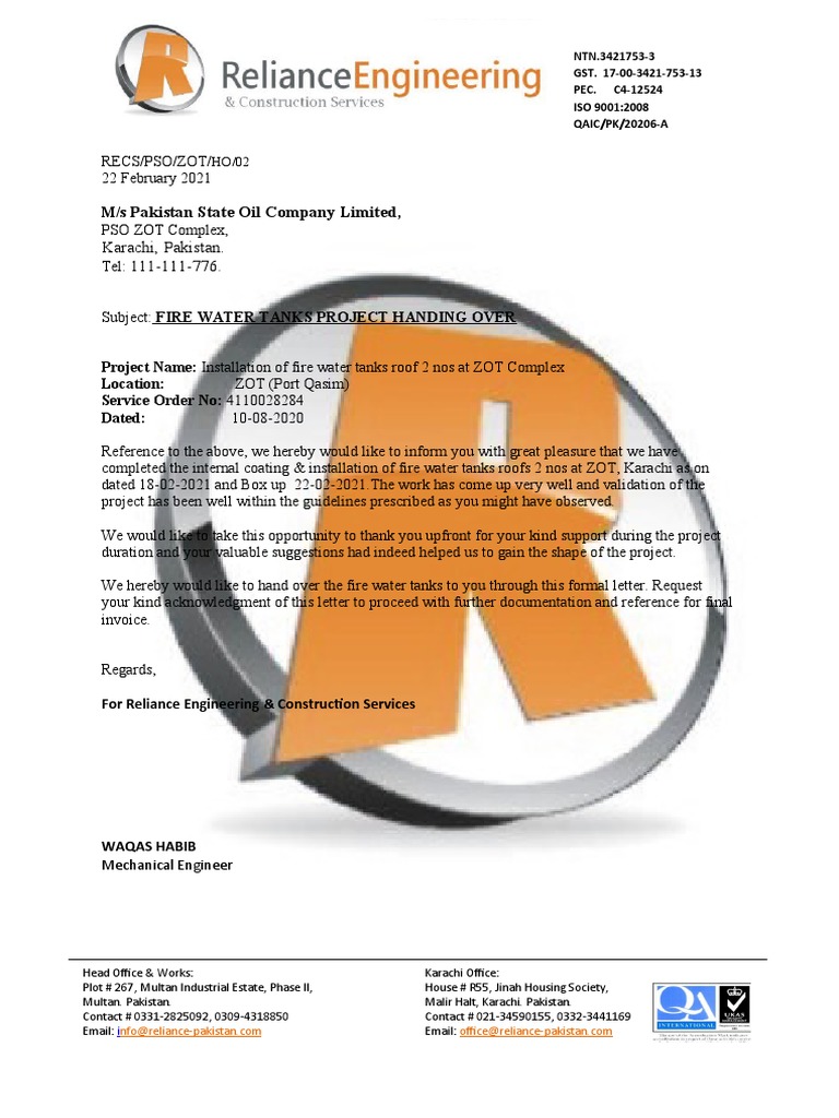 Handing Over Letter | PDF