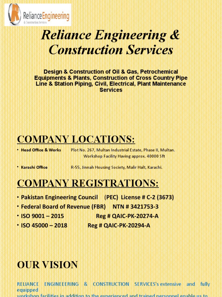 Reliance Engineering & Construction Services Presentation | PDF | Pipe (Fluid Conveyance ...