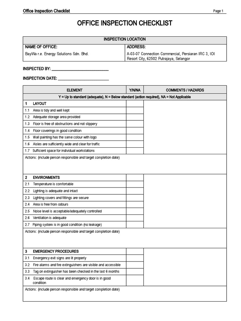Office Inspection Checklist | PDF