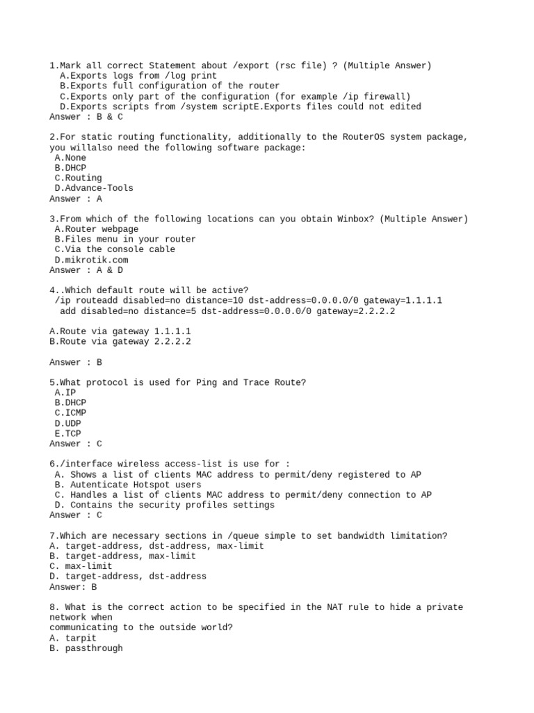 Soal Dan Kunci Jawaban MTCNA | PDF | Ip Address | Router (Computing)