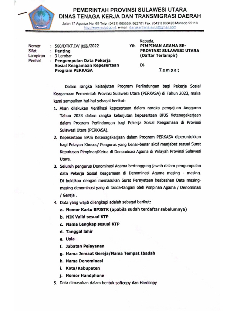 Surat Permintaan Data Kepesertaan Bpjs Tk Tahun 2023 | PDF