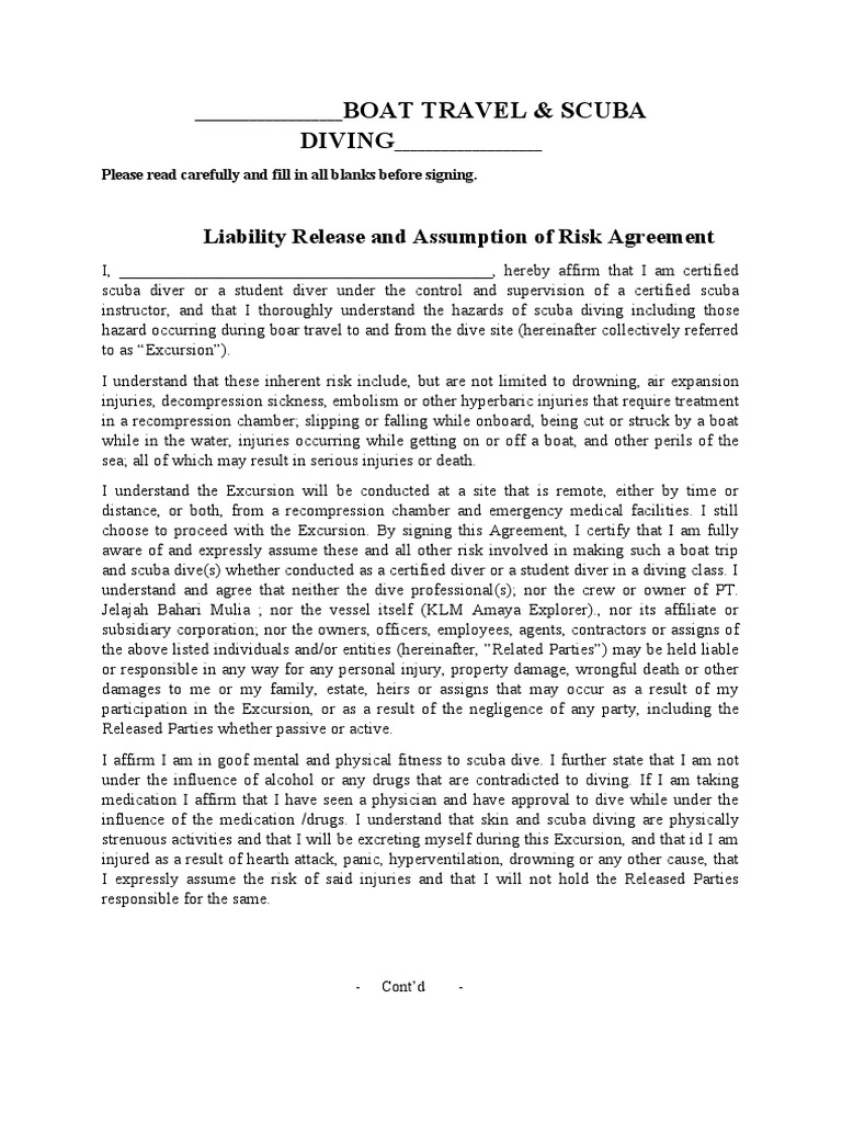 Liability Release PRINT | PDF | Scuba Diving | Underwater Diving