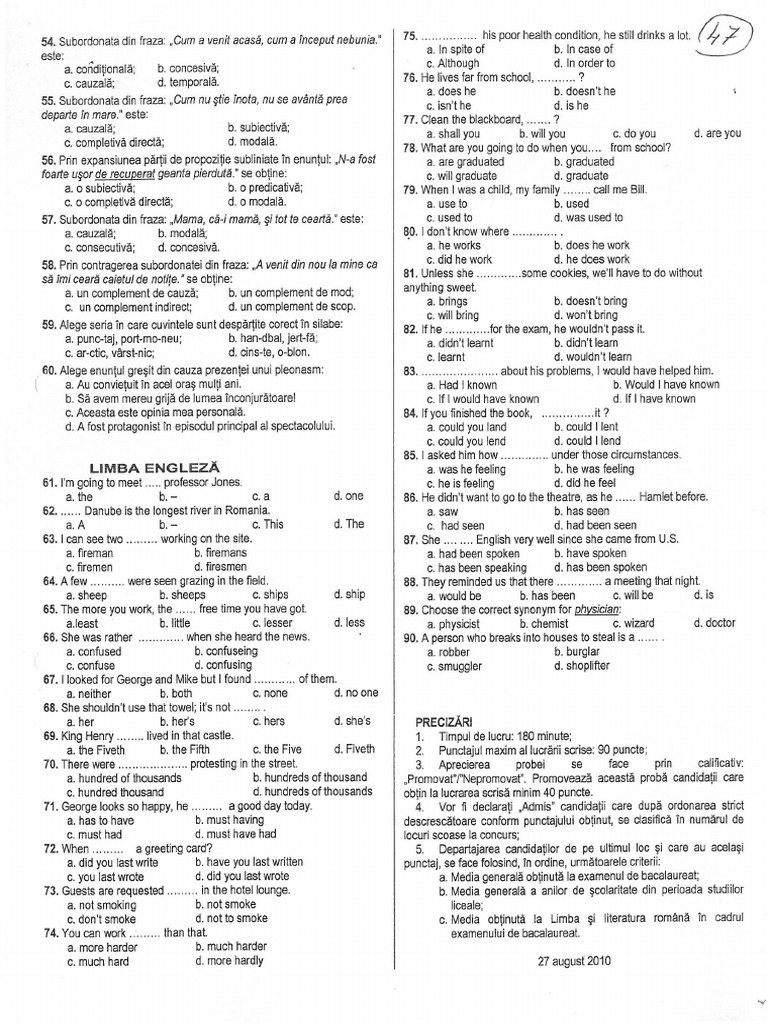 Test Engleza Avram Iancu | PDF