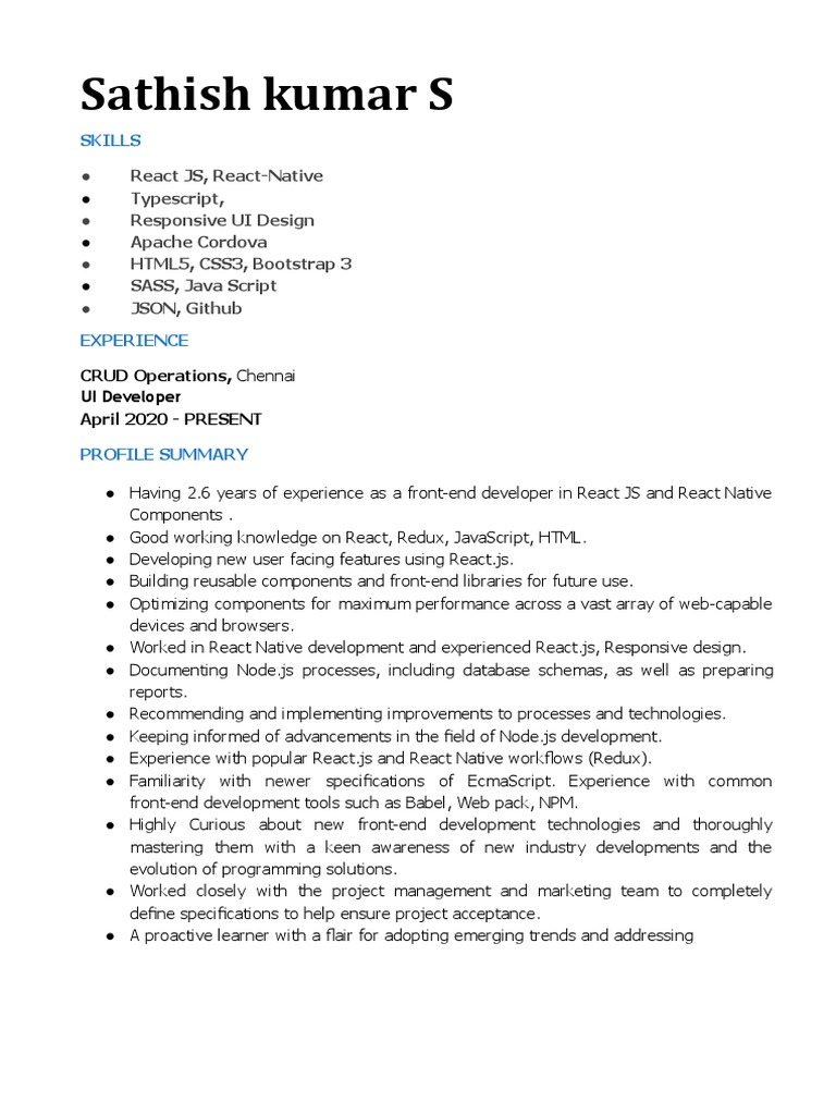 Sathish Kumar S - Resume | PDF | Java Script | World Wide Web Sathish Kumar S - Resume | PDF | Java Script | World Wide Web