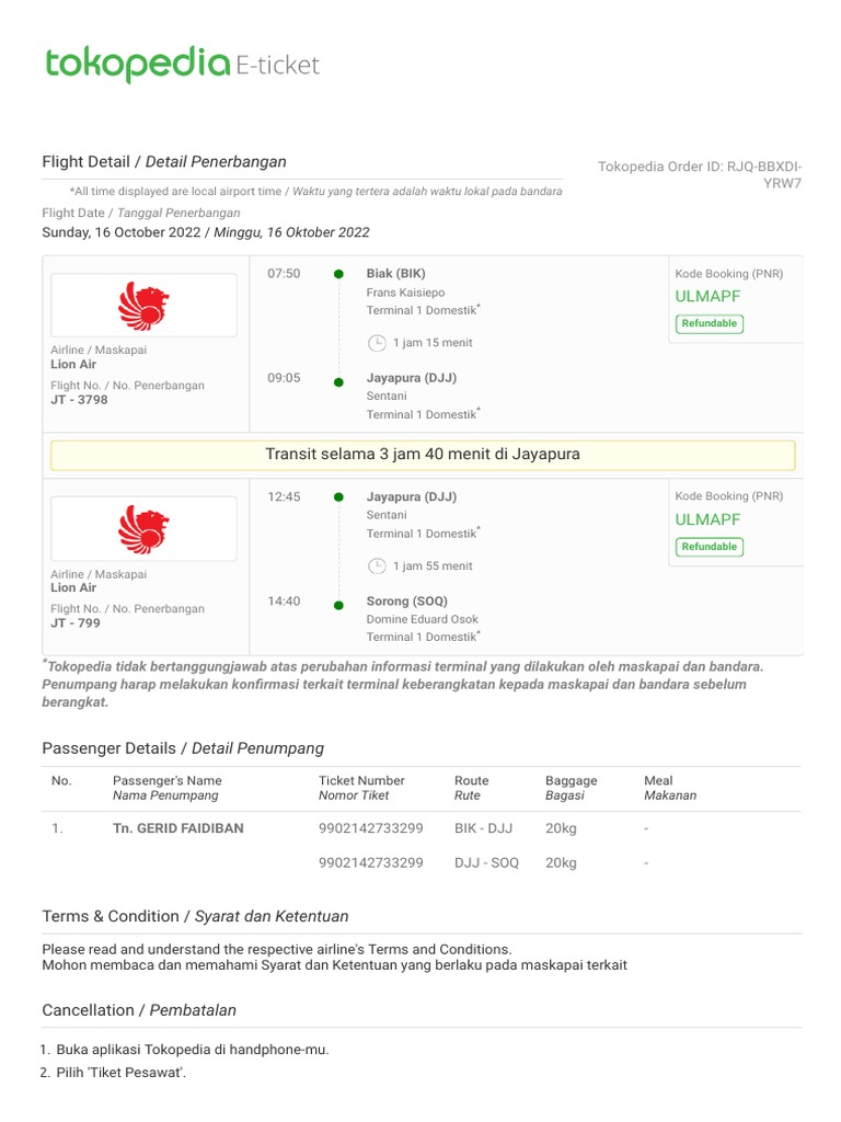 Tiket Bpk. Gerid F Biak Sorong | PDF