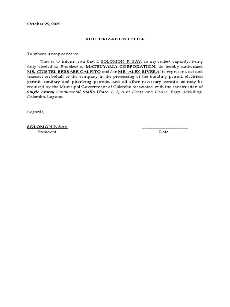 Authorization Letter-Calamba | PDF | Power Of Attorney | Government