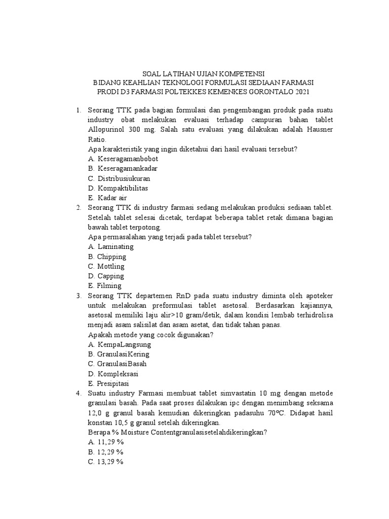 Soal Latihan Ujian Kompetensi Bidang Keahlian Teknologi Farmasi | PDF