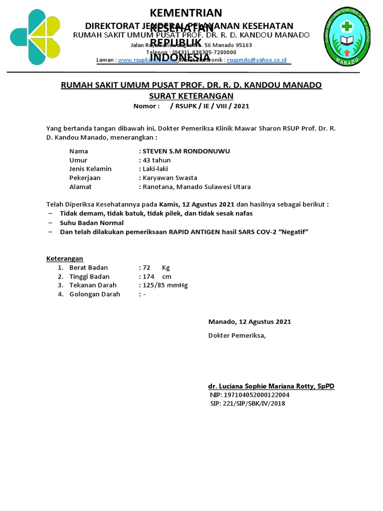 Surat Keterangan Kesehatan Manado | PDF