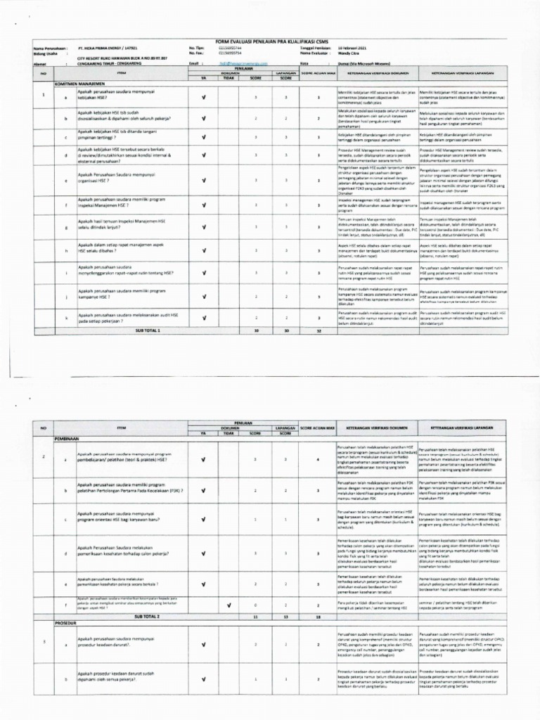 Hasil Evaluasi CSMS PT. Hexa Prima Energy - PT. Pertamina RU | PDF