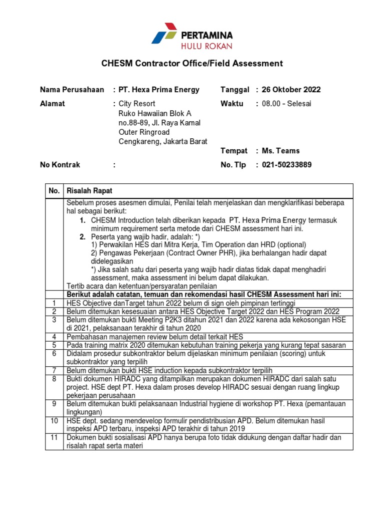 Berita Acara CHESM COFA PT. Hexa Prima Energy | PDF