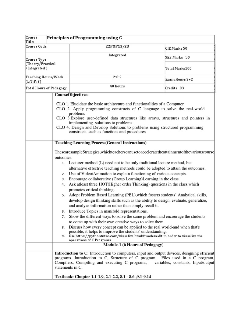 Principles Of Programming Using C A Course Outline Pdf Array Data Structure Subroutine