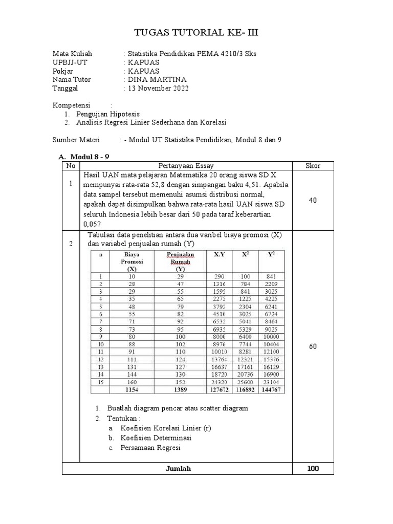 Tugas Tutorial Ke 3 Statistika Pendidikan | PDF