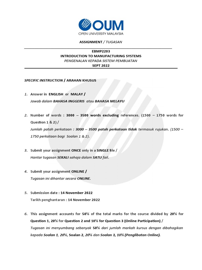 Assignment / Tugasan EBMP2203 Introduction To Manufacturing Systems ...