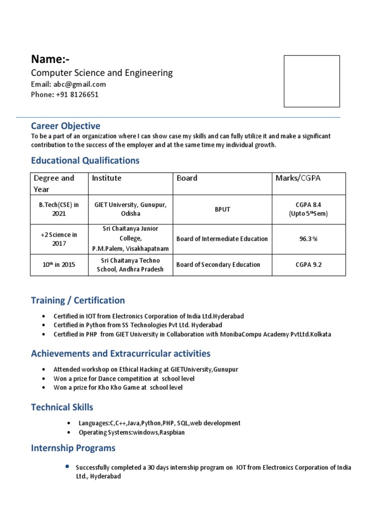 Sample Resume Cse | PDF Sample Resume Cse | PDF