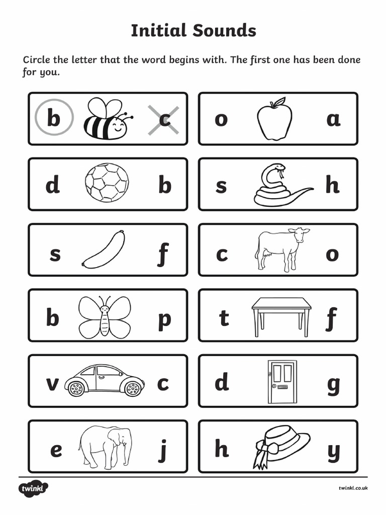 Initial Sounds Worksheet Black and White | PDF