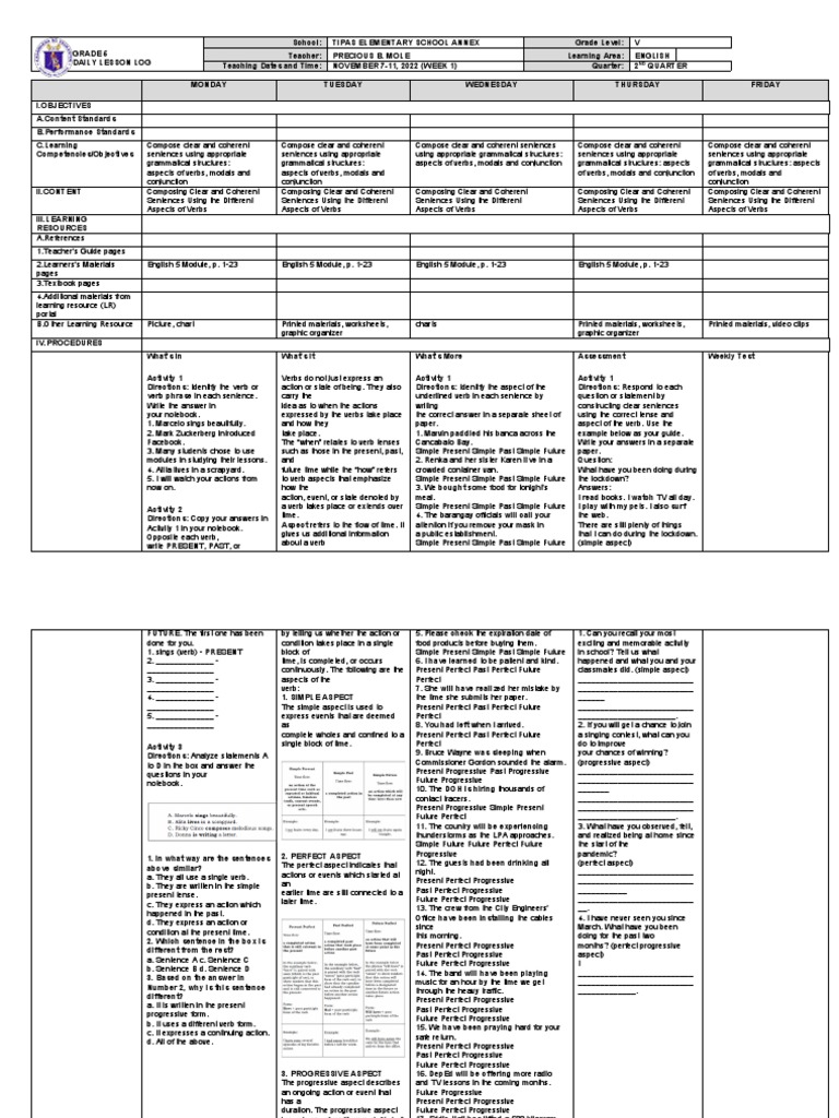 DLL - English 5 - Q2 - W1 | PDF | Perfect (Grammar) | Verb