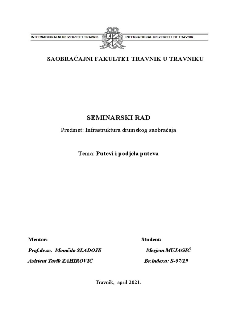 Putevi I Podjela Puteva - Seminarski Rad | PDF
