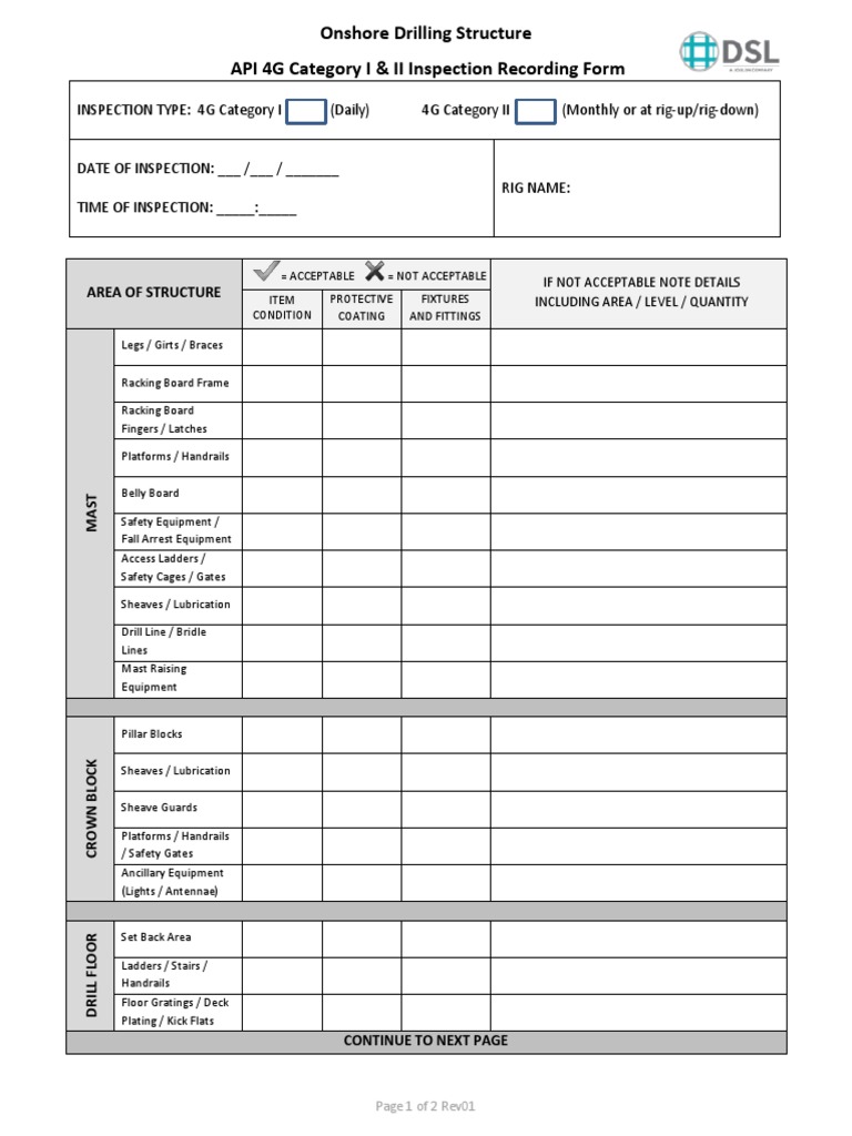 API 4G CAT I & II Recording Form (1 Onshore Drilling Structure) NF Rev02 | PDF