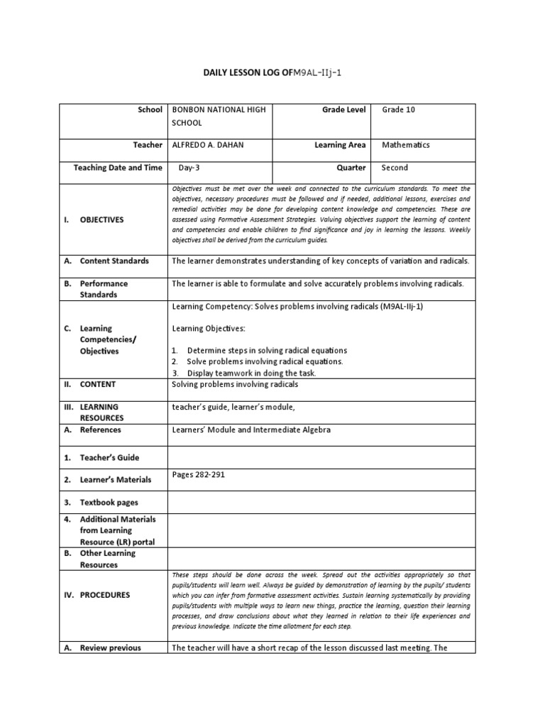Solving Radical Equations Lesson Plan | PDF | Equations | Learning