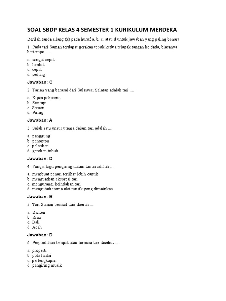 Soal SBDP Kelas 4 Semester 1 Kurikulum Merdeka | PDF
