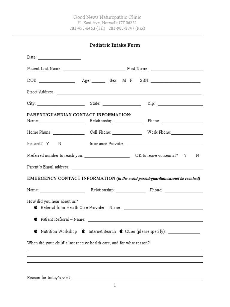 Pediatric Intake Form Sample | PDF | Sleep | Anxiety