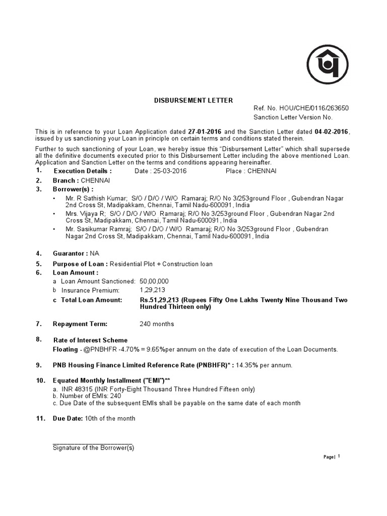 Disbursement Letter for Home Loan | PDF | Loans | Interest