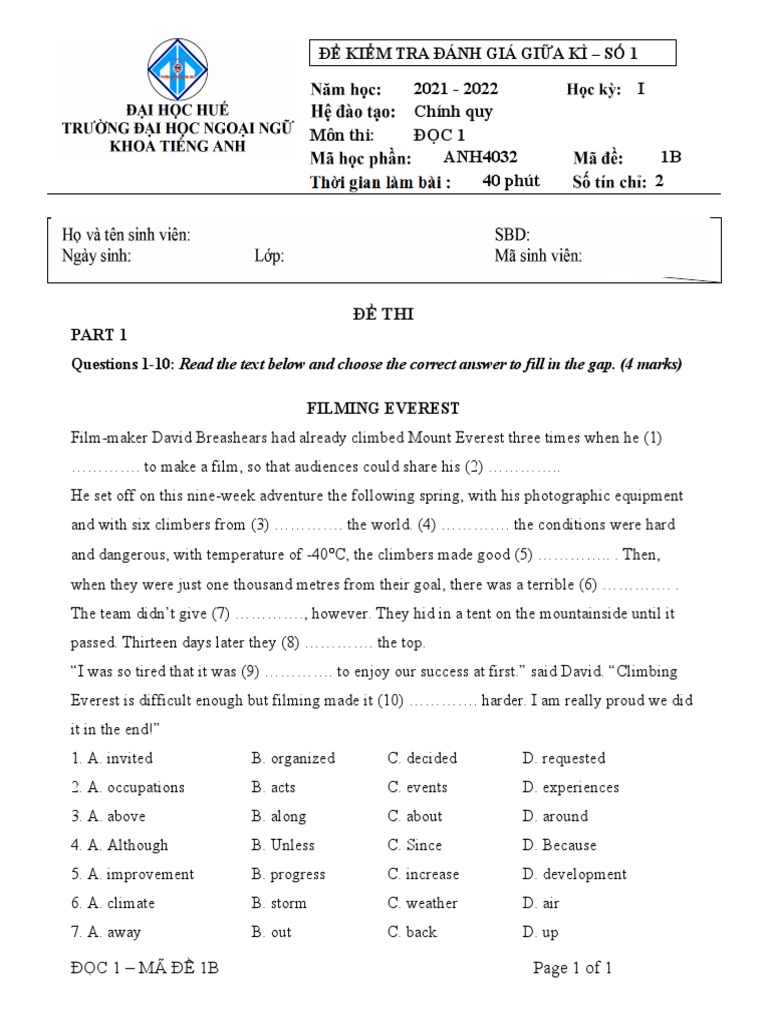 Mid-Term Test 2 - 1B. Reading1 Official | PDF