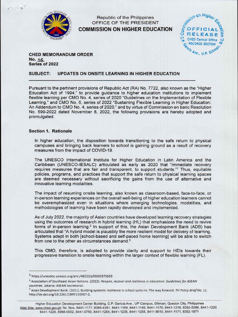 Ched Order 16 On In-Person Classes | PDF