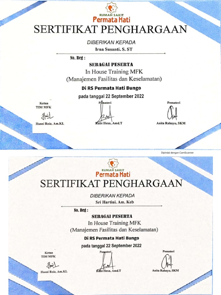 SERTIFIKAT PELATIHAN MFK | PDF