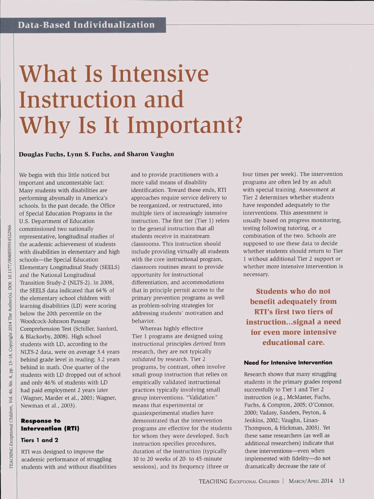 Fuchs D. Fuchs L.S. Vaughn S. 2014. What Is Intensive Instruction and Why Is It Important ...