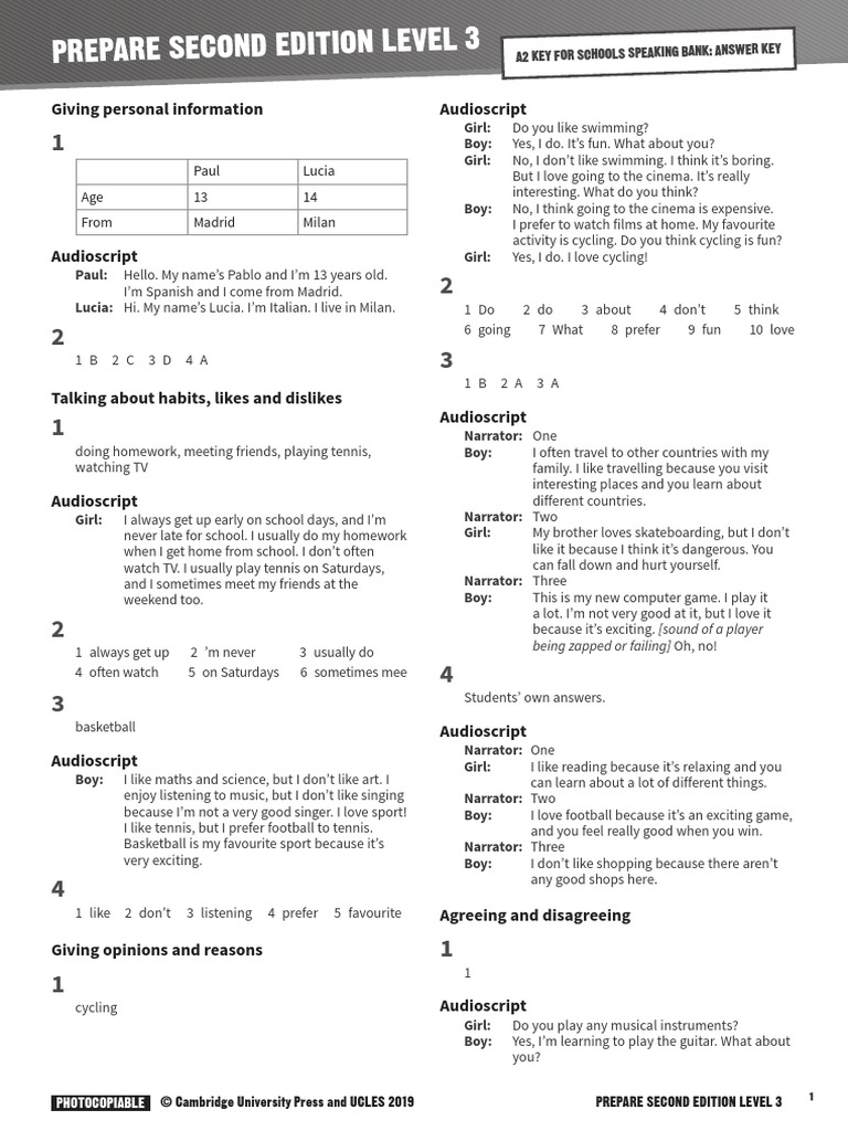 A2 Key For Schools Speaking Bank Answer Key | PDF