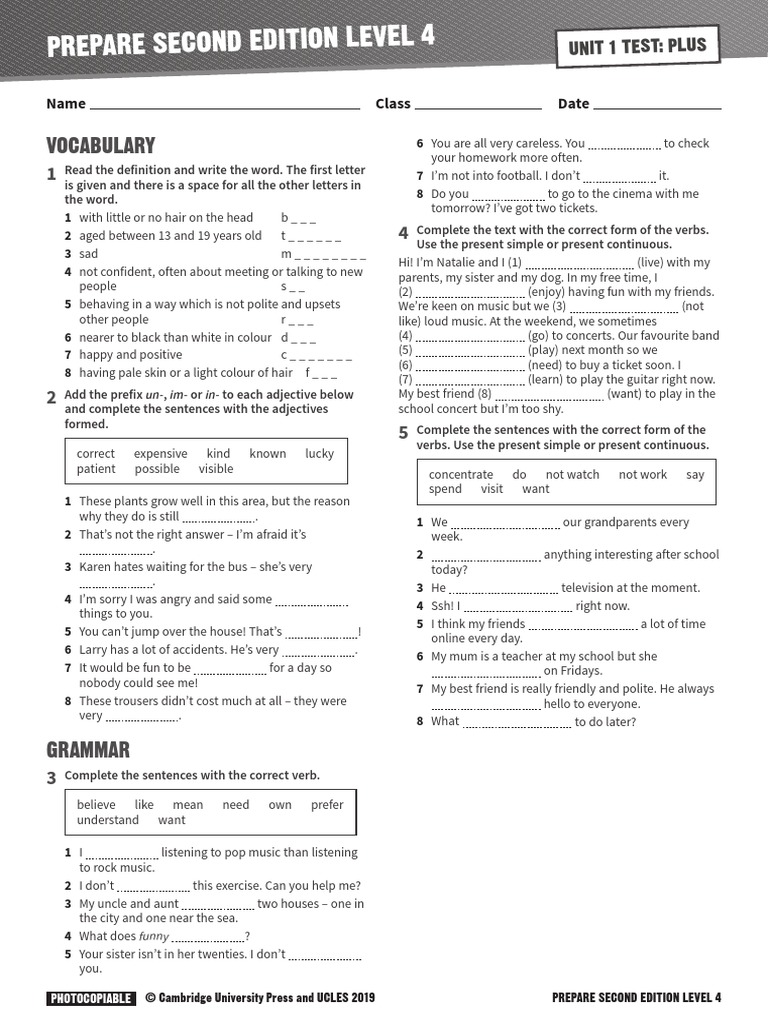 Prepare 4 Units 1-4 Test | PDF