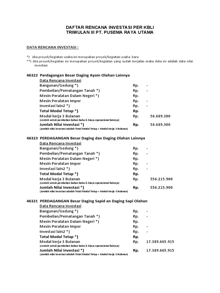 Daftar Rencana Investasi Per Kbli Jul Sep 2022 | PDF