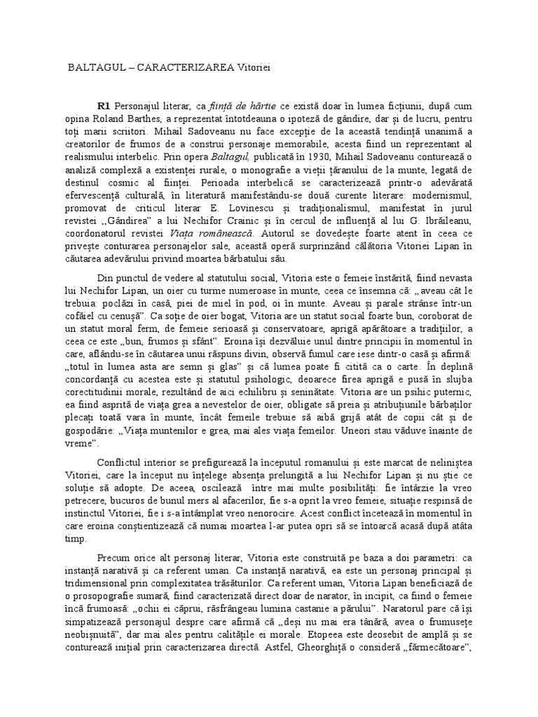 BALTAGUL CARACTERIZARE - Eseu BAC 2021 | PDF