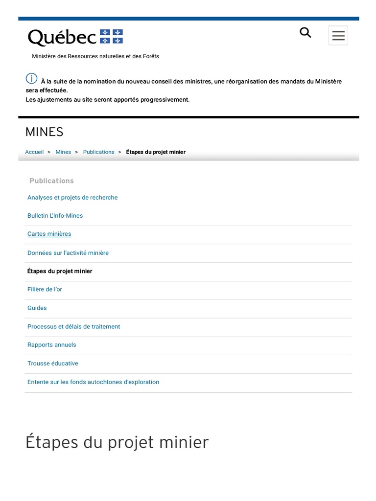 Étapes Du Projet Minier - Ministère Des Ressources Naturelles Et Des Forêts | PDF