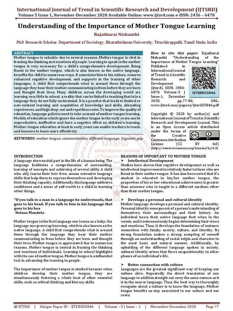 Understanding of The Importance of Mother Tongue Learning | PDF