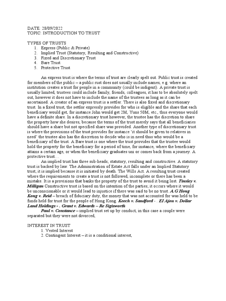 Trust Notes | PDF | Trust Law | Equity (Law)