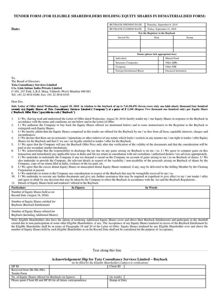 Tender Form For Dematerialized Equity Shares Tcs Buyback 2018 | PDF ...