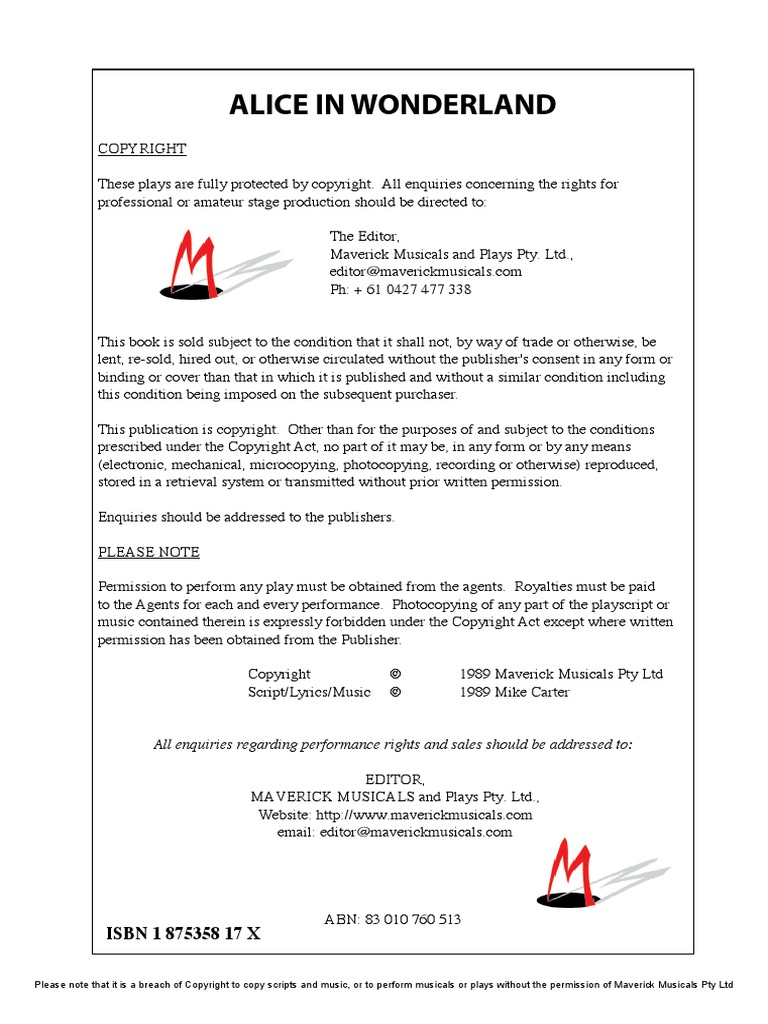 Alice in Wonderland SAMPLE SCRIPT ёMaverick Musicals and Plays | PDF