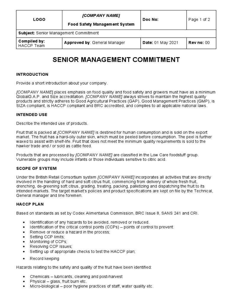 BRC Senior Management Commitment Policy and Procedure | PDF