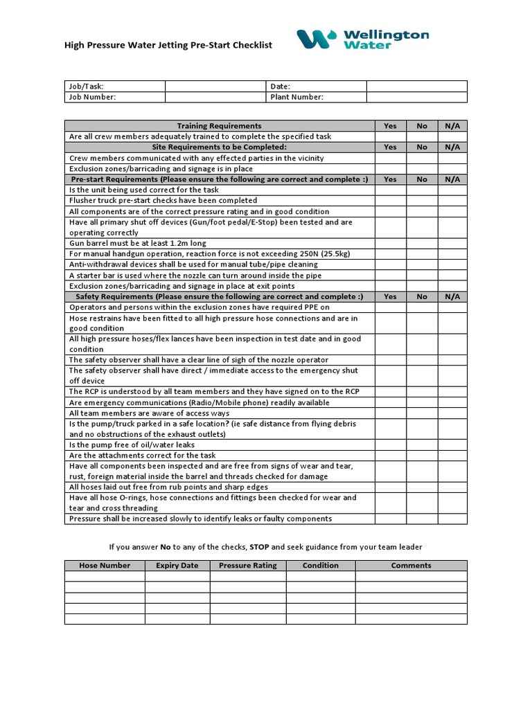 High Pressure Jetting Pre-Start Checklist | PDF | Pipe (Fluid ...