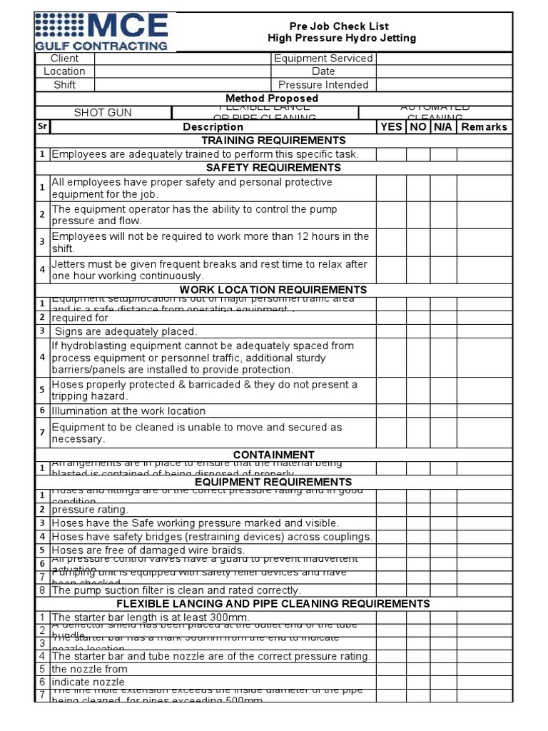 434765072 364 Pre Job Check List High Pressure Hydro Jetting Rev 000 ...