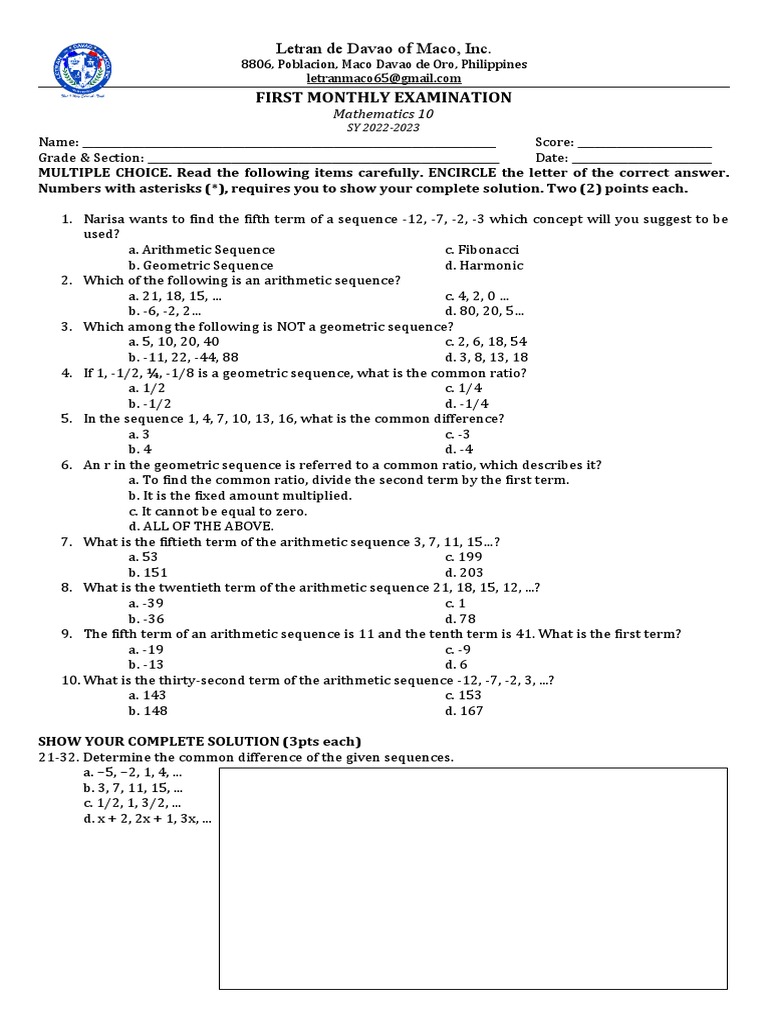 First Monthly Exam Math-10 - 2022-2023 Letran | PDF | Arithmetic | Sequence