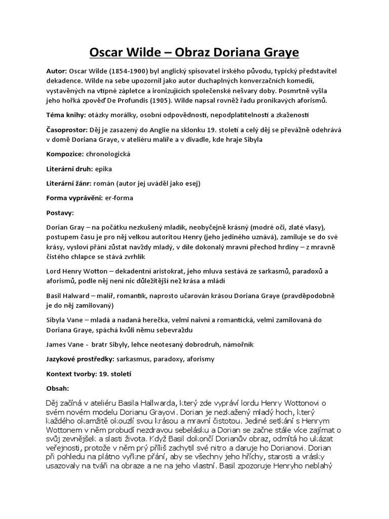 Čtenářský Deník - Obraz Doriana Graye | PDF