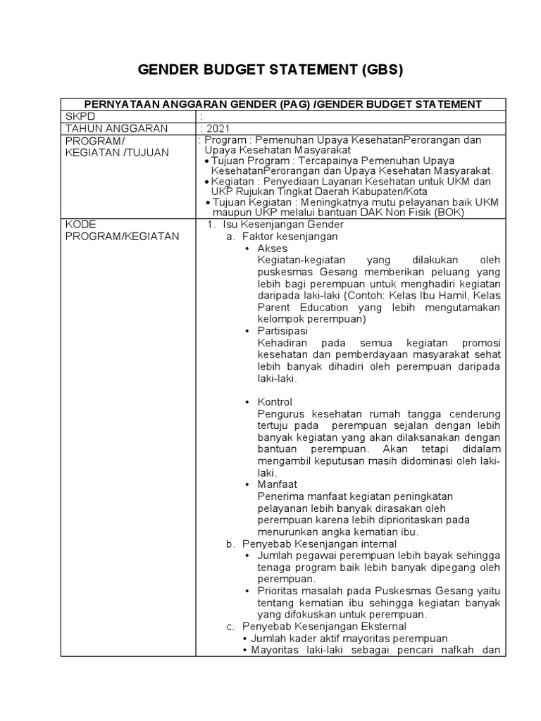 Pernyataan Anggaran Gender (Pag) /gender Budget Statement | PDF
