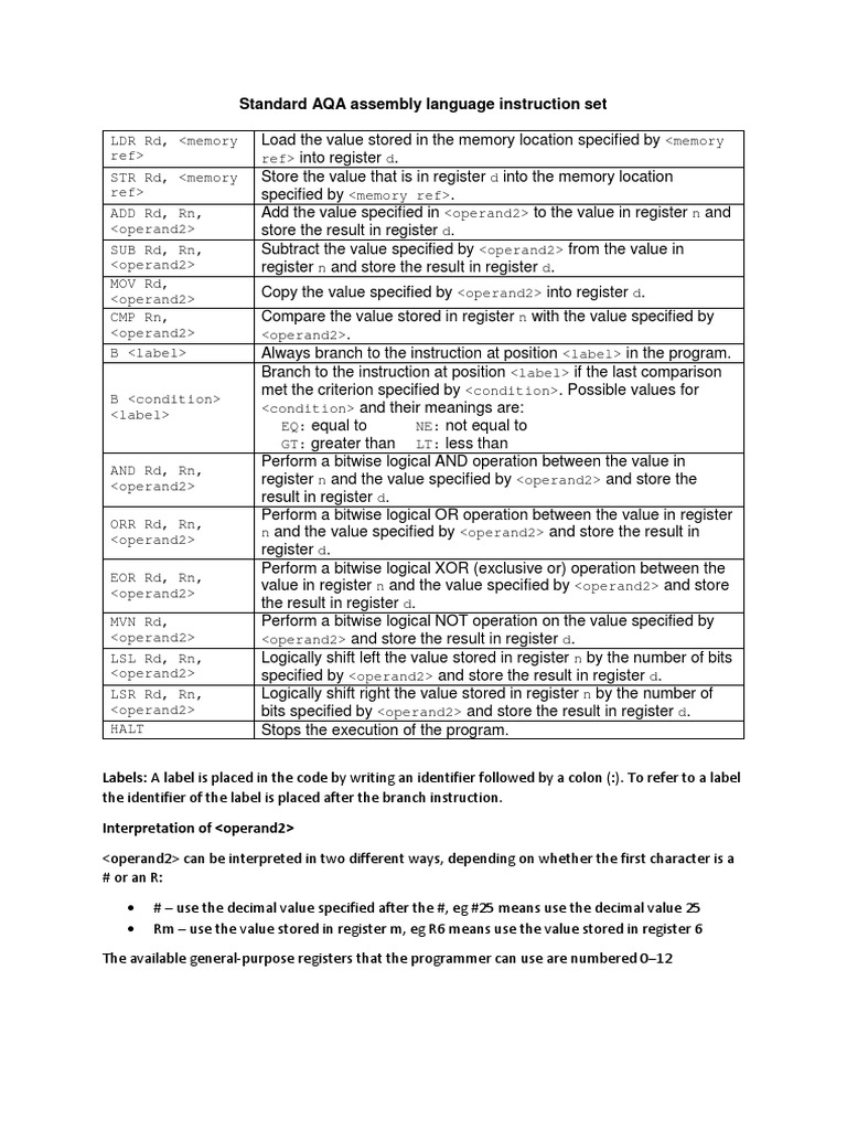 Standard AQA Assembly Language Instruction Set | PDF | Assembly Language | Computing
