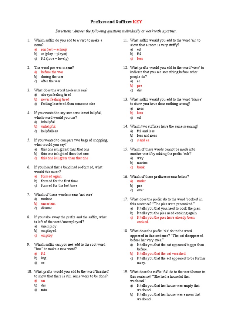 Prefixes - Suffixes - Worksheet KEY | PDF