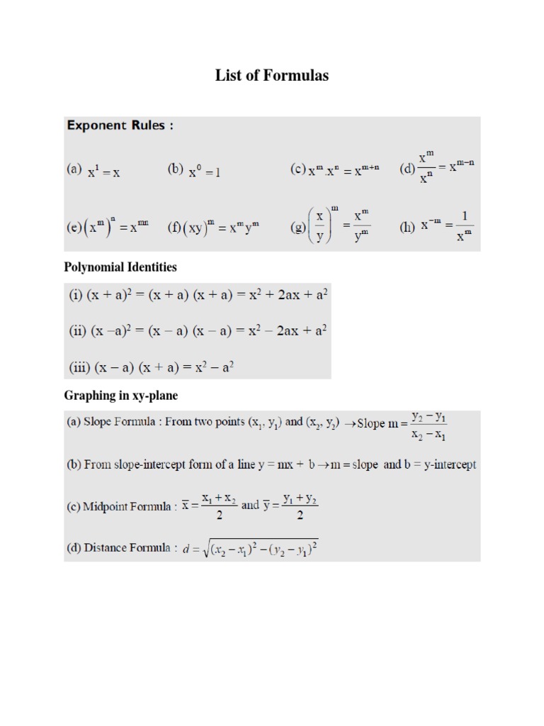 SAT Math - List of Formulas | PDF