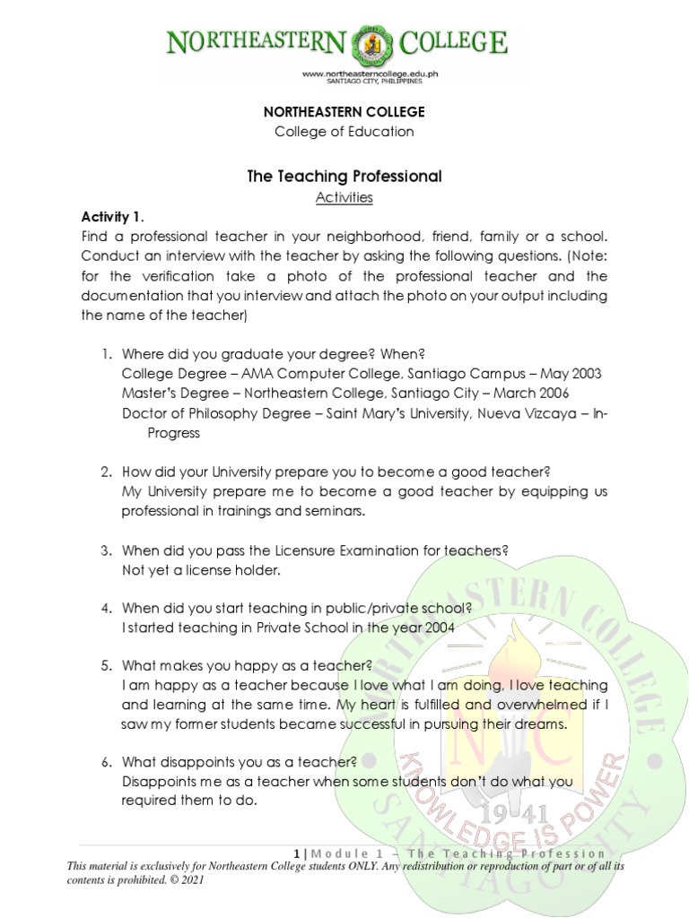 The Teaching Profession Activity 1 Unit 1 With Pic | PDF